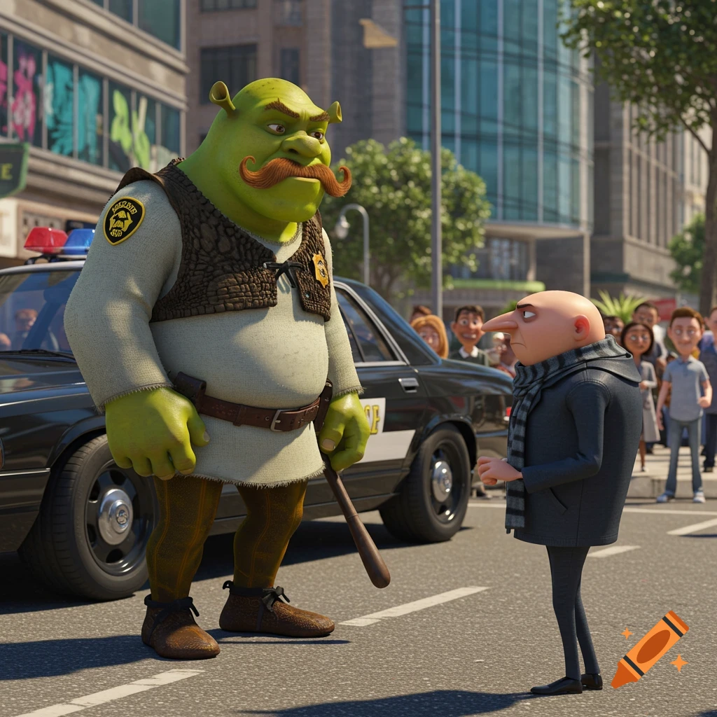 Shrek as a police officer with a large orange mustache and a bat ...