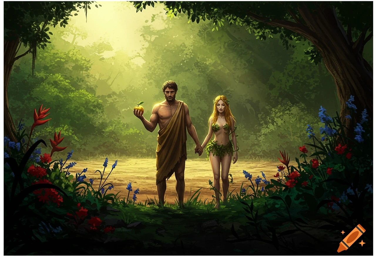 Adam and Eve hold hands in a lush, sunlit Garden of Eden; Adam holds an apple. on Craiyon