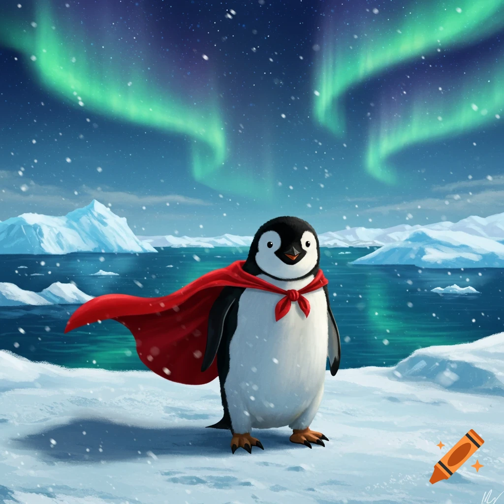 Cute cartoon penguin in a red superhero cape stands on snow, icebergs ...