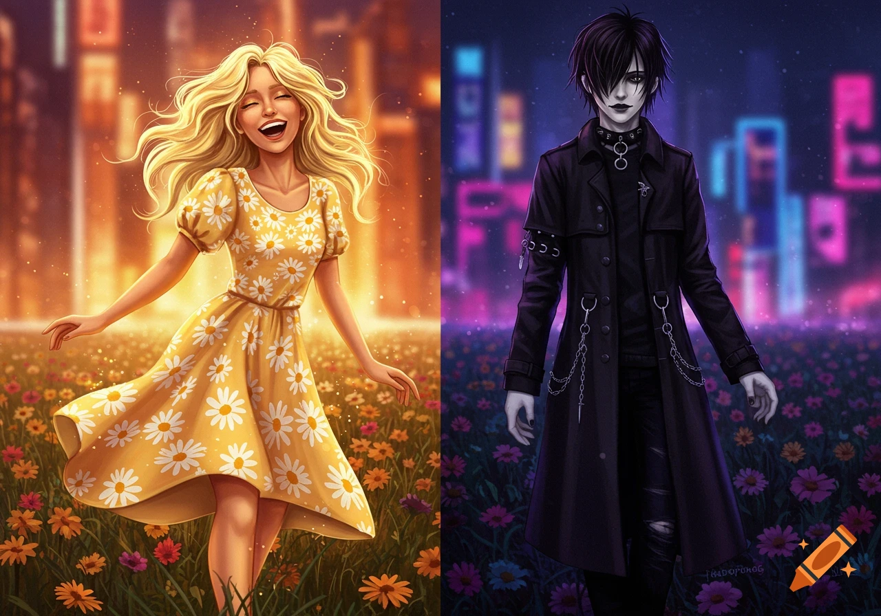 A vibrant digital illustration of a smiling blonde girl in a daisy ...