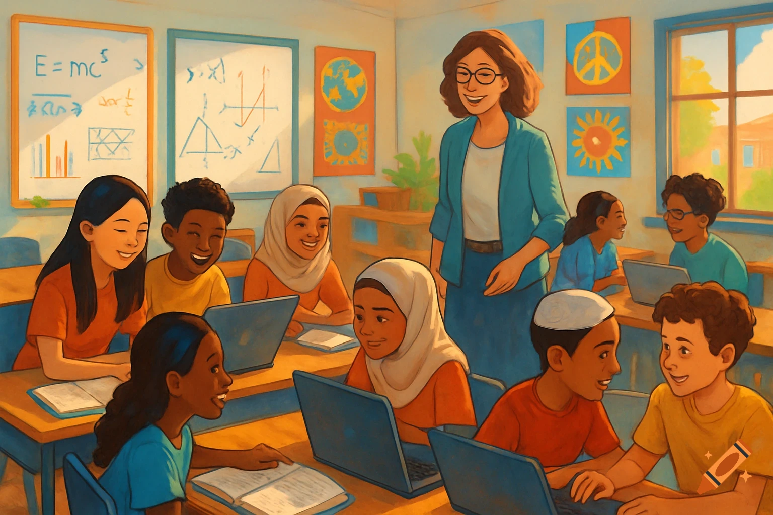 A photorealistic illustration of a female teacher with students in a ...
