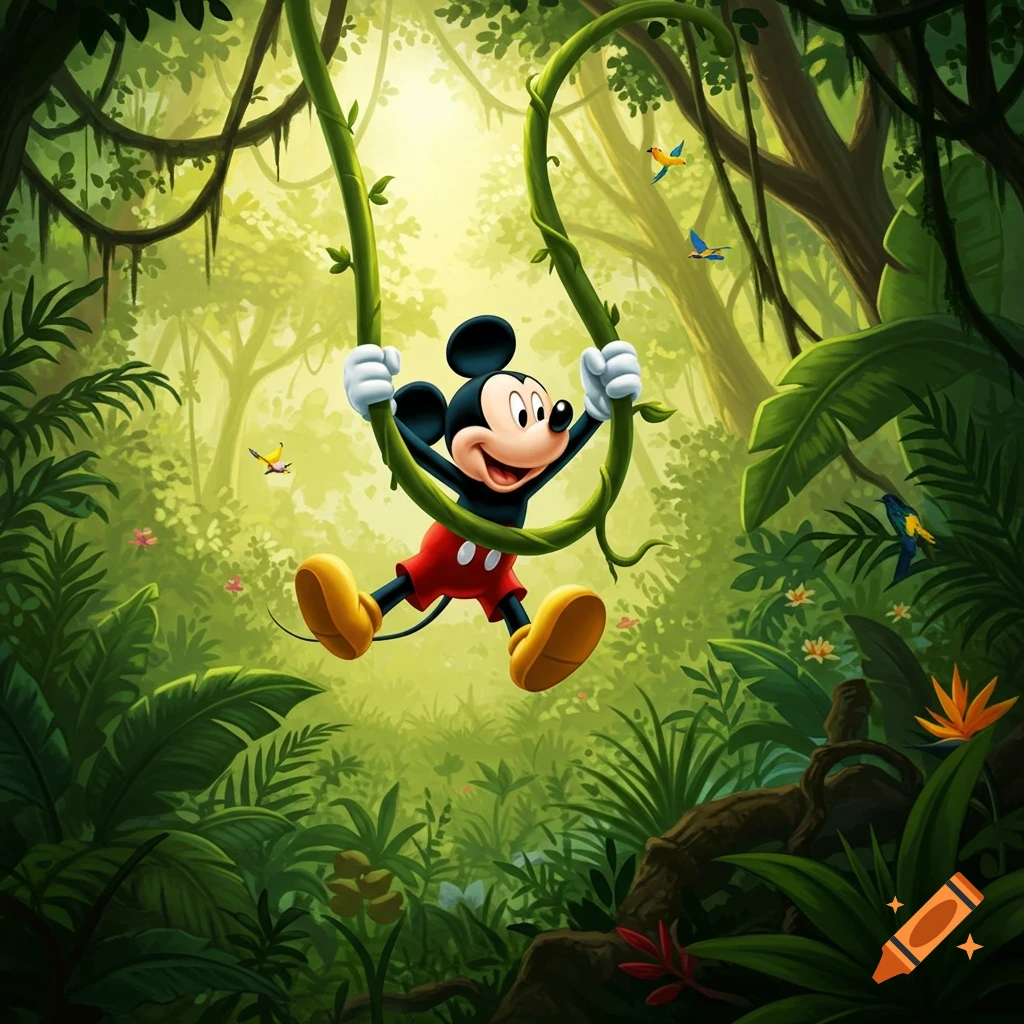 Mickey Mouse swings from a green vine in a vibrant jungle, surrounded ...