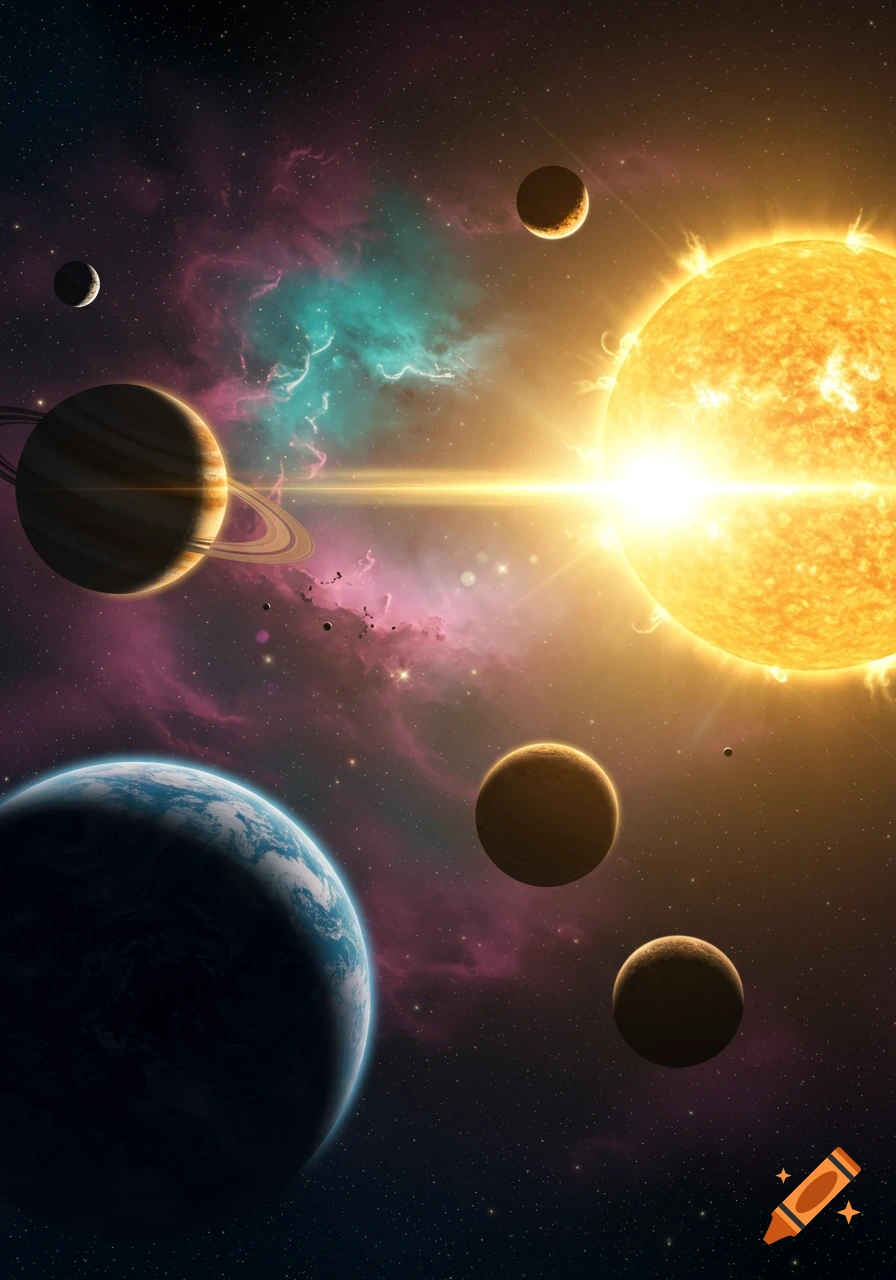 Multiple rocky planets with glowing cracks float in a dark, starry space with a faint nebula. on ...