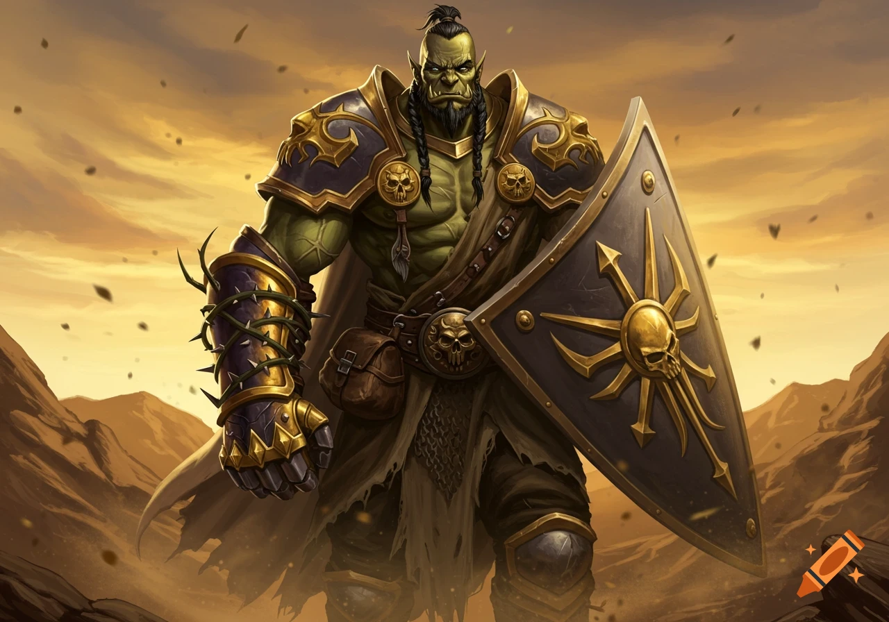 A muscular green orc warrior in elaborate gold and purple armor ...
