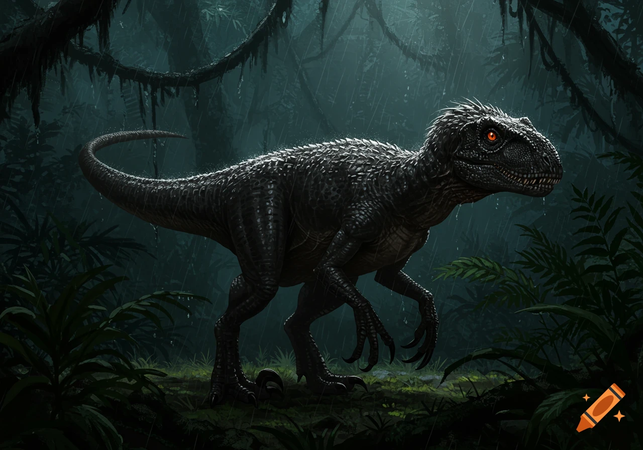A fierce Indoraptor with glowing yellow eyes and an open mouth lunges ...