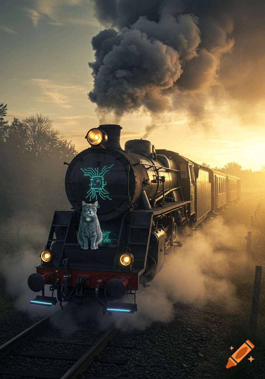 A rusty, abandoned train sits on overgrown tracks deep within a lush ...