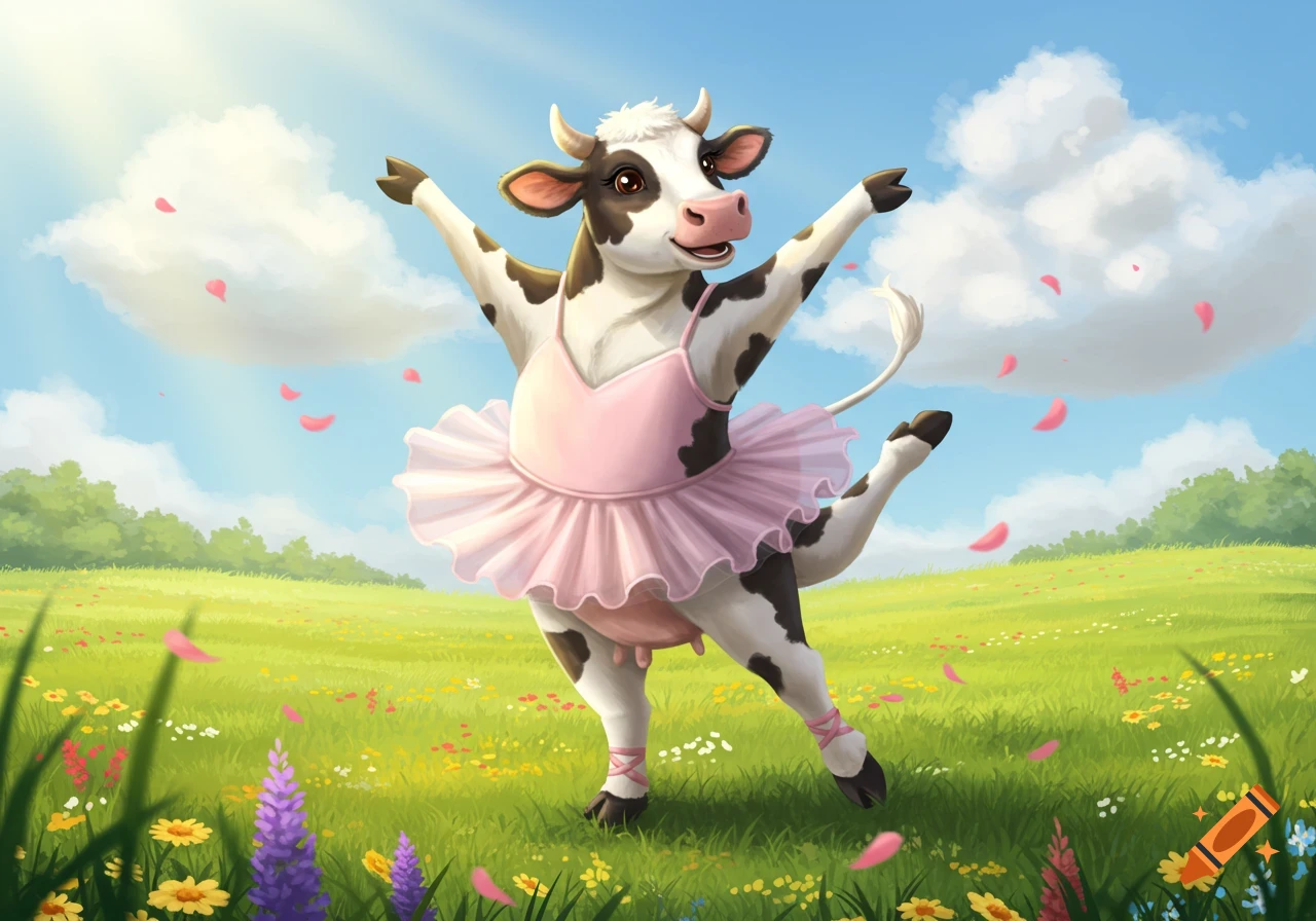 Cute animated baby cow sitting in a sunny meadow filled with colorful ...