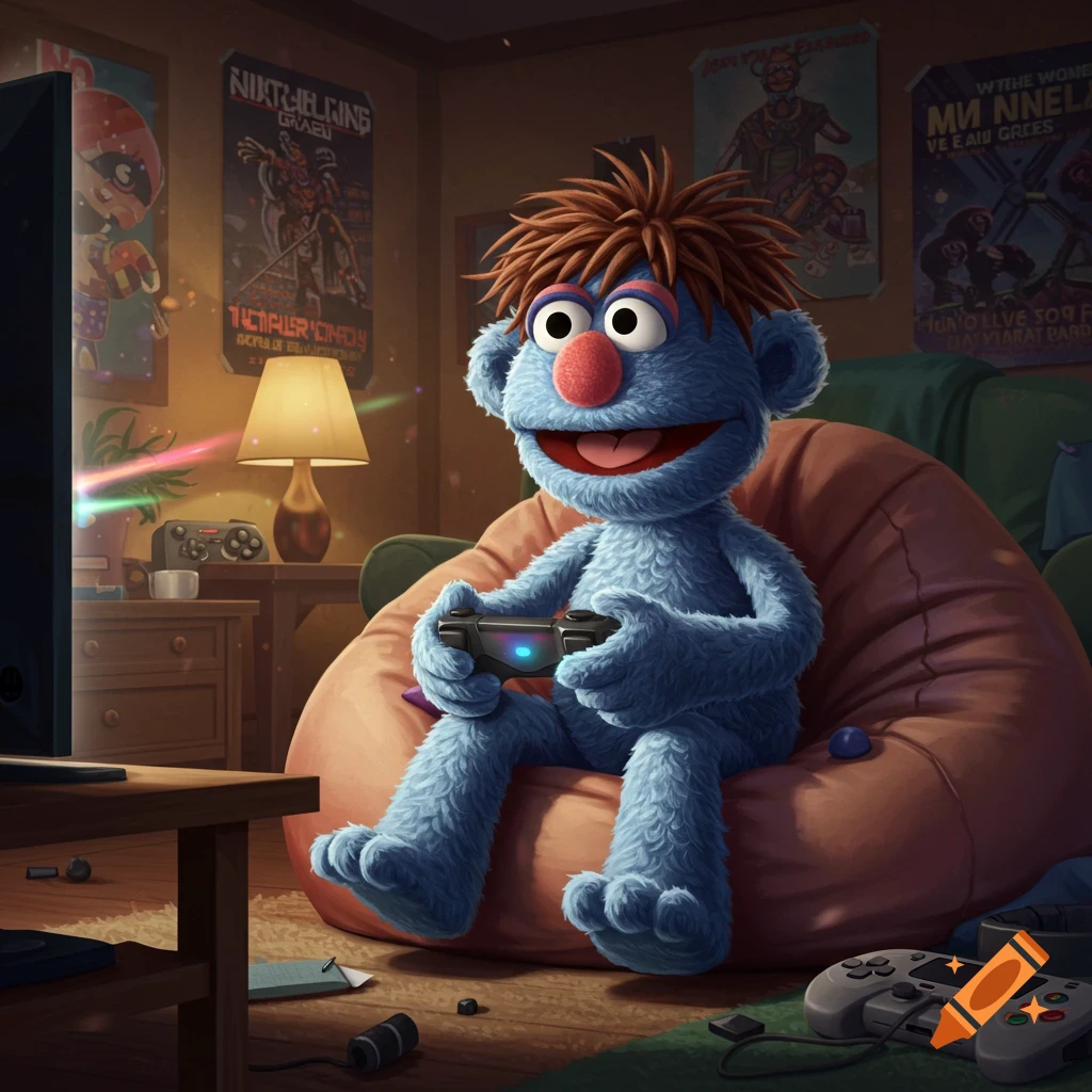 A smiling, bald muppet with round glasses, a red nose, and a large ...