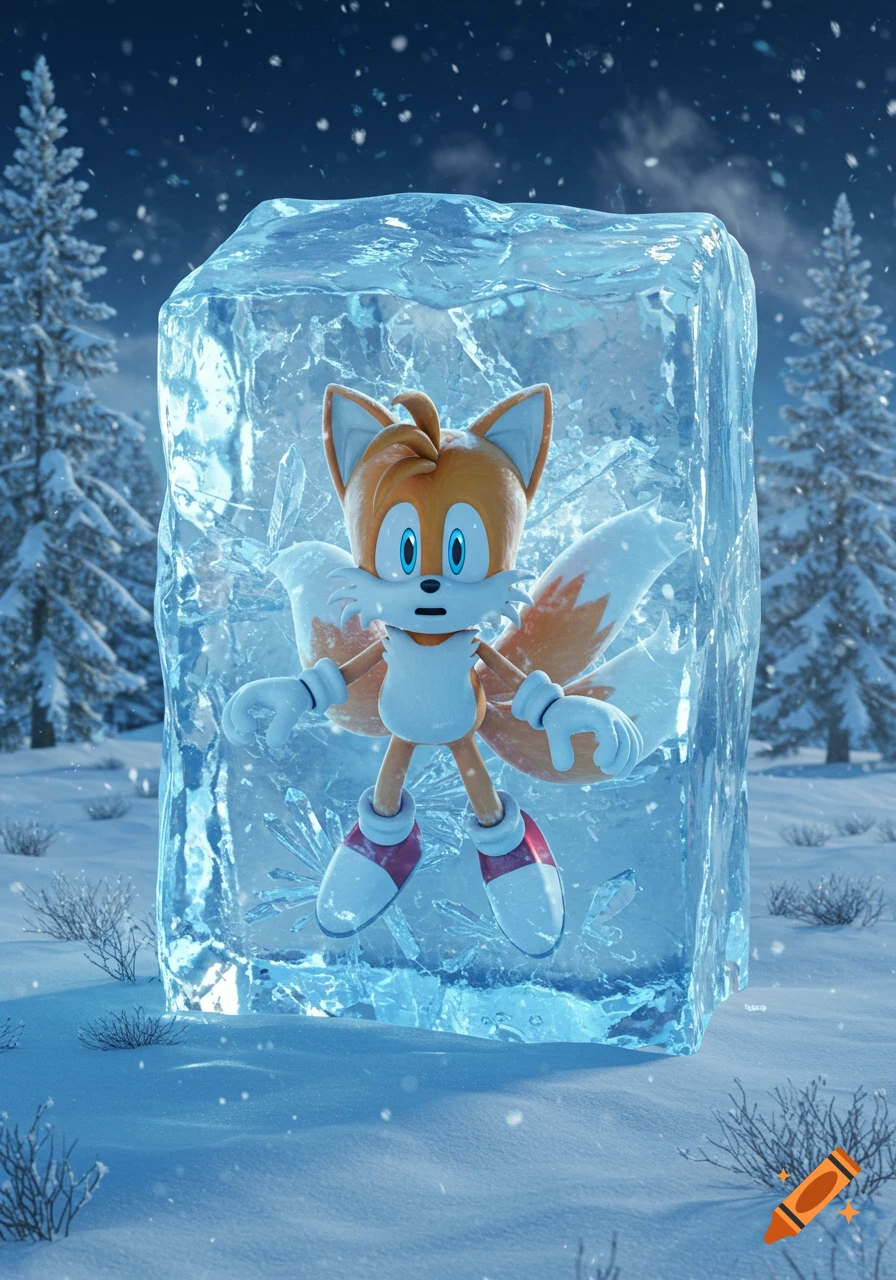 Tails, the fox from Sonic, frozen in a block of ice in a snowy forest ...