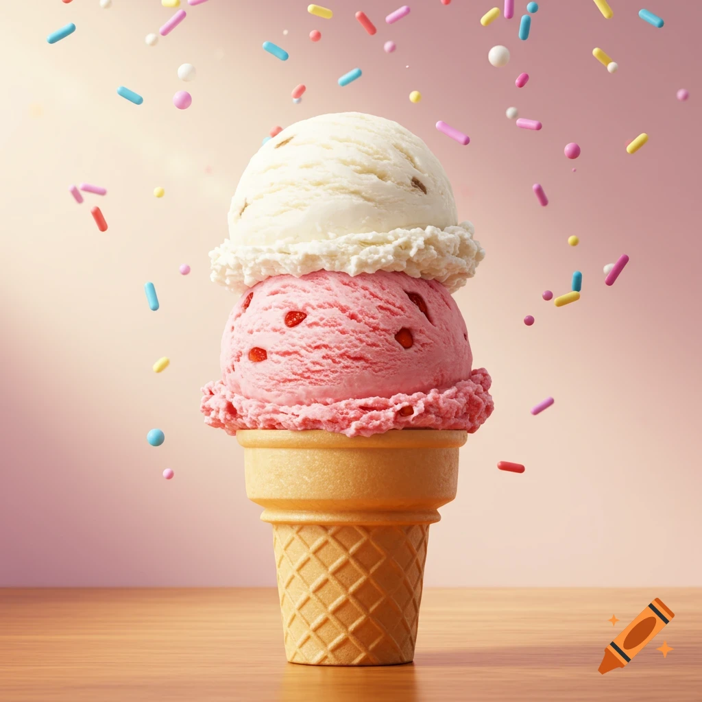 A colorful swirl ice cream cone with sprinkles on a yellow checkered ...