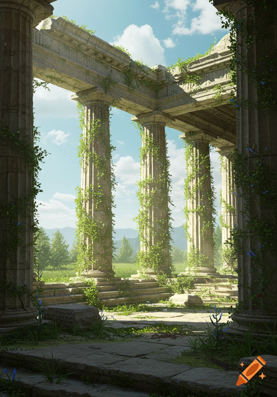 Roman columns and blocky stairs heavily overgrown with green vines in a ...