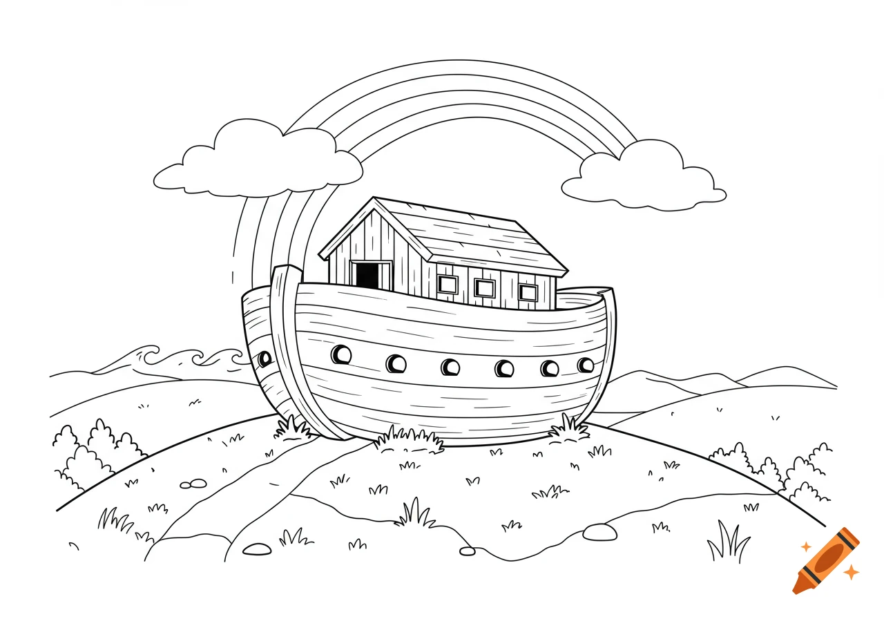 Black and white engraving of Noah's Ark on wavy water with many animals ...