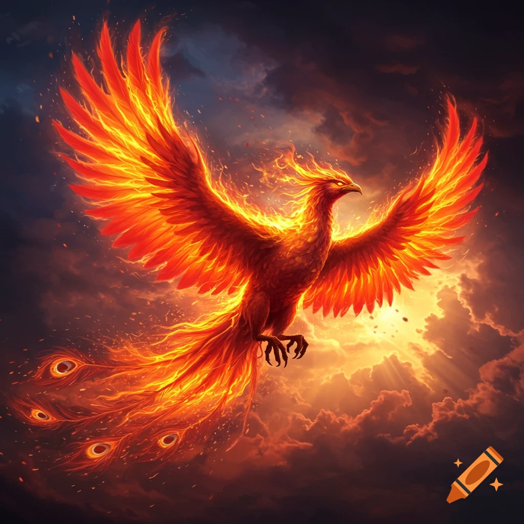 A vibrant, majestic fiery phoenix with three smaller phoenix chicks ...