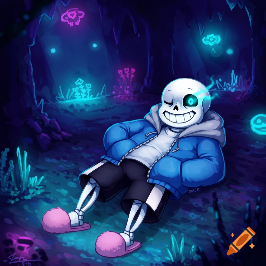 A cartoon skeleton character, Sans from Undertale, in a blue jacket and ...