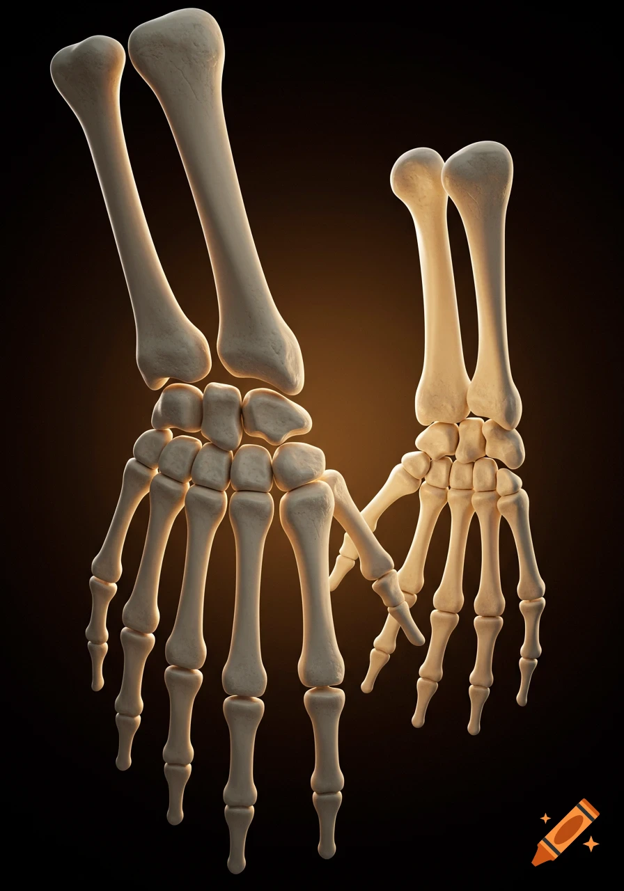 Two glowing skeletal hands and wrists reaching forward on a dark ...