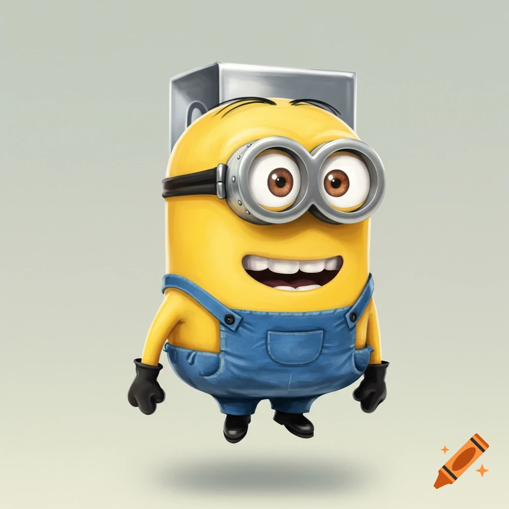A cartoon Minion with goggles and denim overalls stands in a vibrant ...