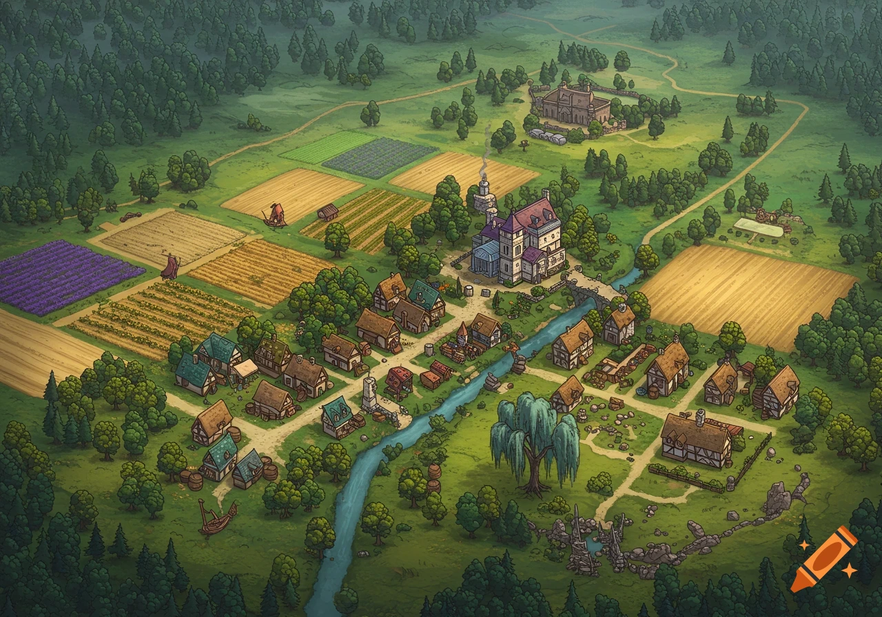 Detailed bird's eye view of a circular medieval town with a central ...