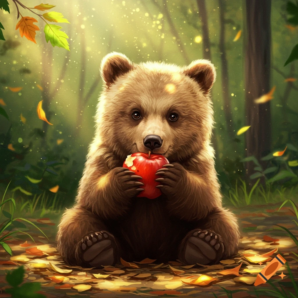 A cute brown bear cub sits in a sunlit forest, eating a red apple ...