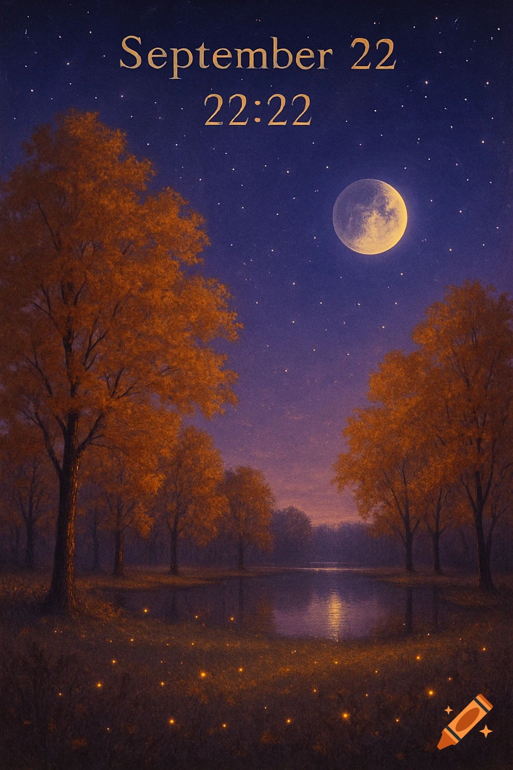 A night postcard design with a full moon, stars, and a city skyline ...