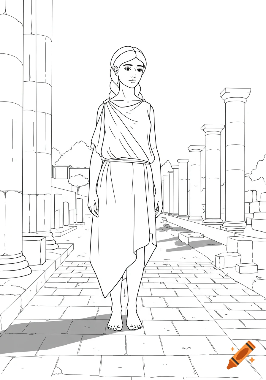 A black and white line drawing of a girl in a simple tunic standing ...