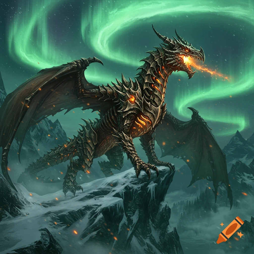 A formidable black dragon with glowing orange features and bone armor ...