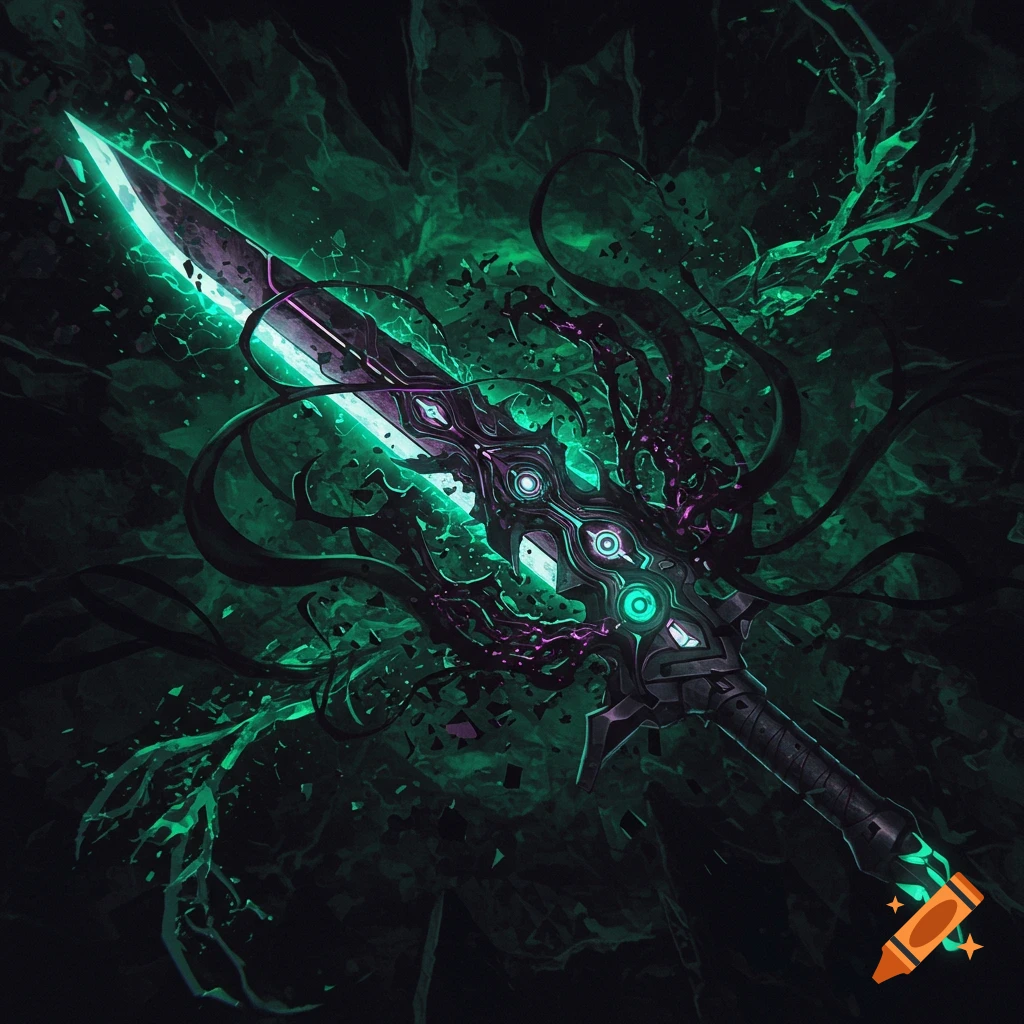A dark, spiky fantasy sword with a glowing pink edge and energy trails ...