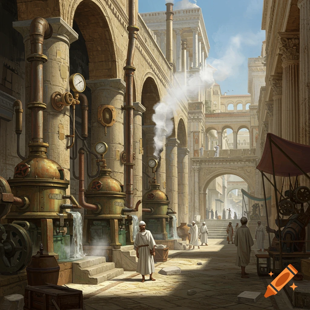 A bustling ancient Greco-Roman city street with large, rustic steam ...