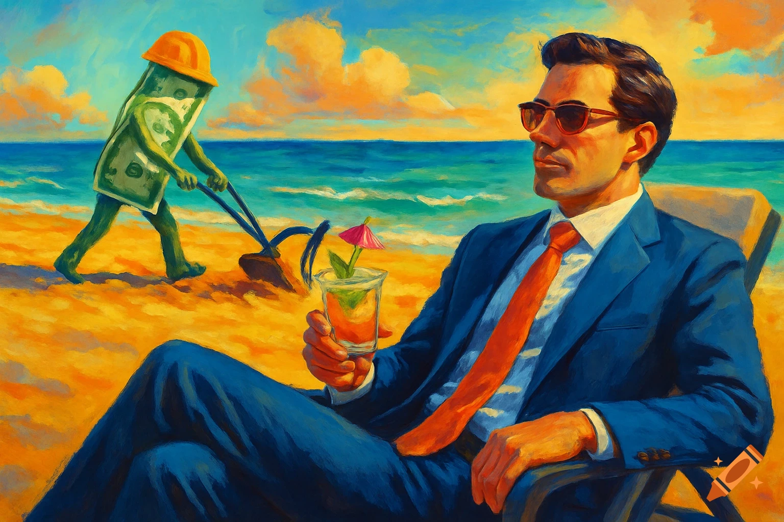 A psychedelic 1970s style news anchor with a mustache sits at a desk ...