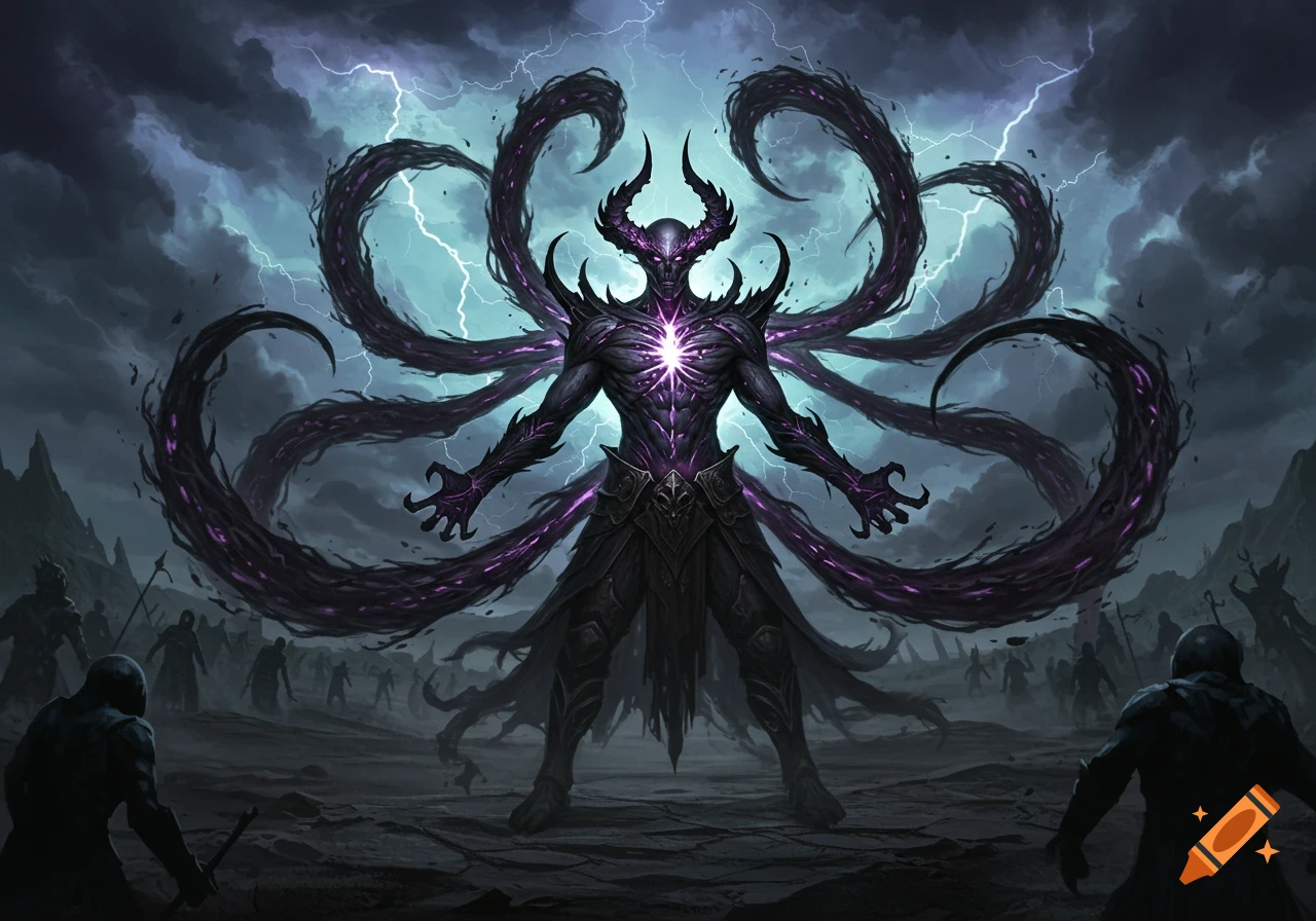 A powerful, dark horned demon with glowing purple energy and multiple ...