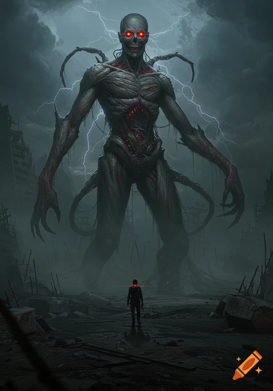 A tall, gaunt, multi-limbed humanoid entity with glowing eyes stands in ...