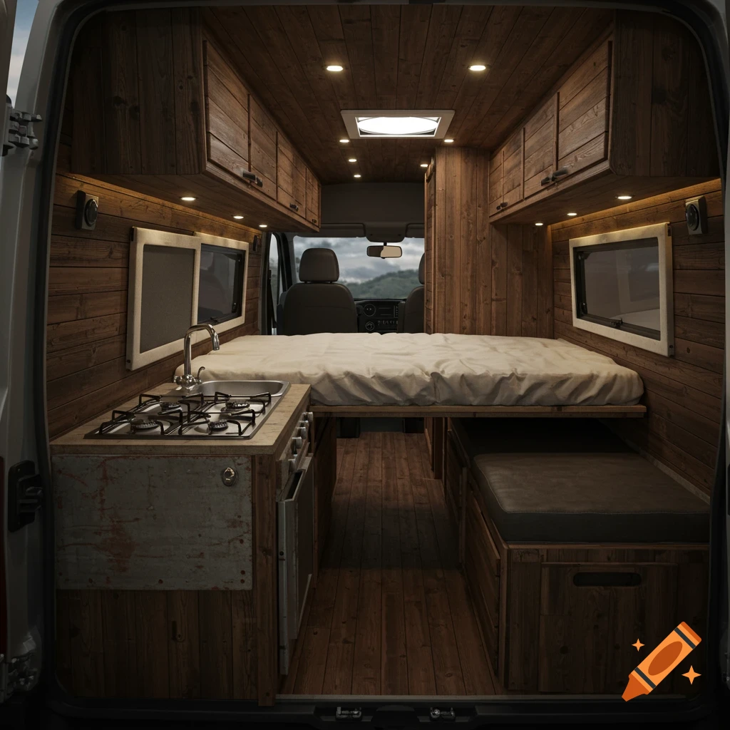 Photorealistic interior of a converted camper van with dark oak wood, a ...