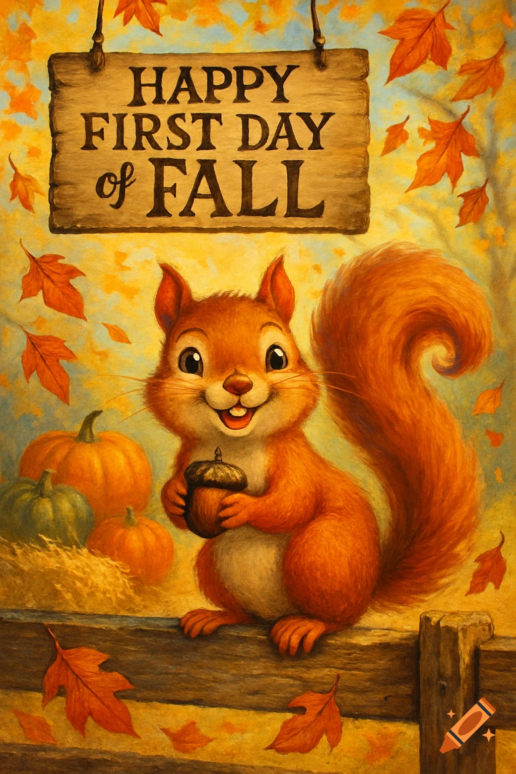 A happy cartoon squirrel on a stump holds a banner 'Leon, 1 Year ...