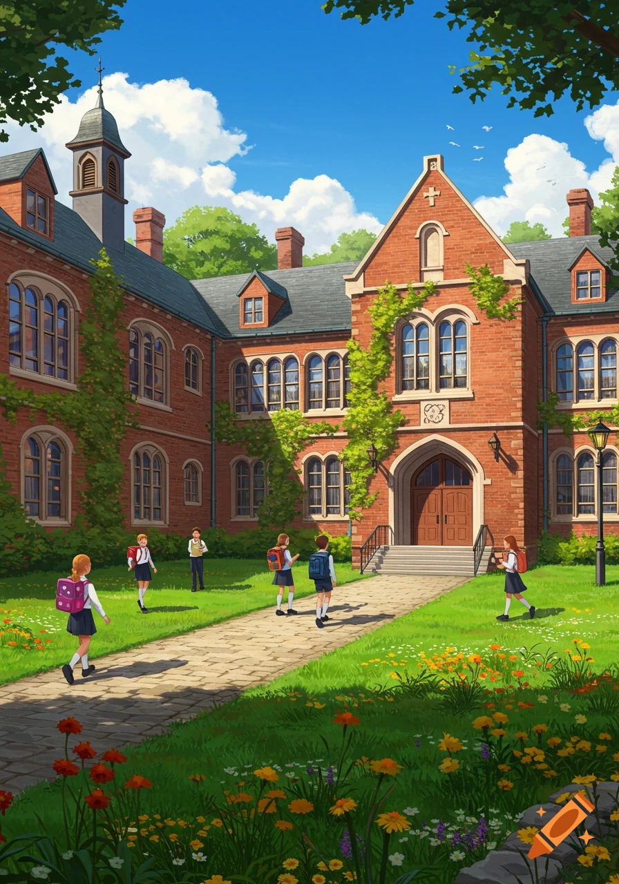 Colorful illustration of families with children walking towards a ...