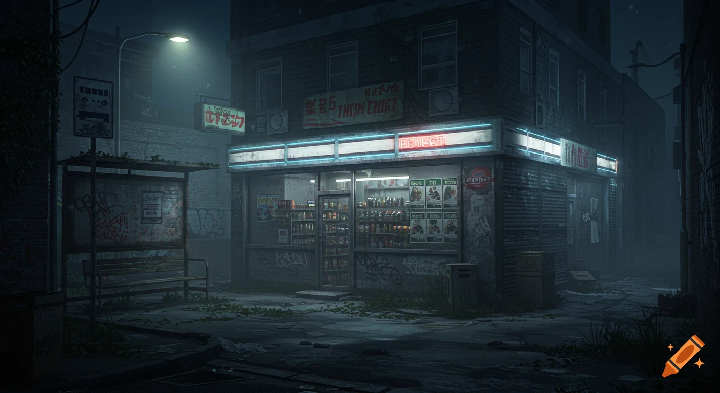 A wide, cinematic shot of a rundown convenience store at night, with a ...