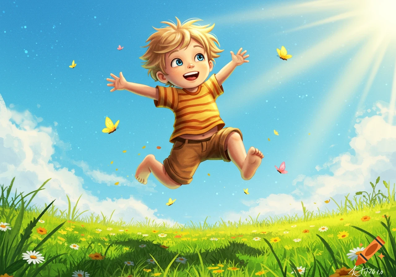 Happy cartoon child with large green leaf ears stands in a sunny ...