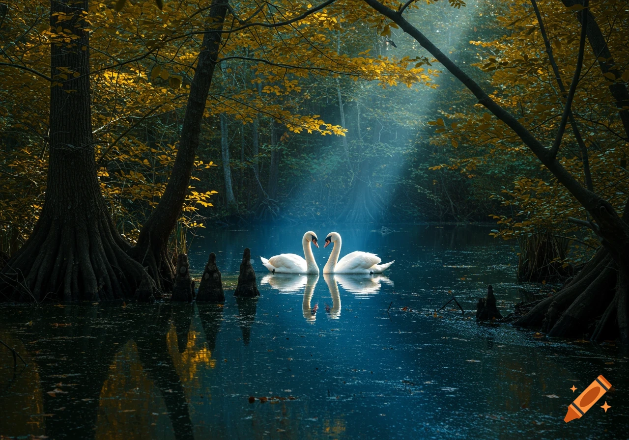Two white swans face each other on a serene, sunlit lake surrounded by ...