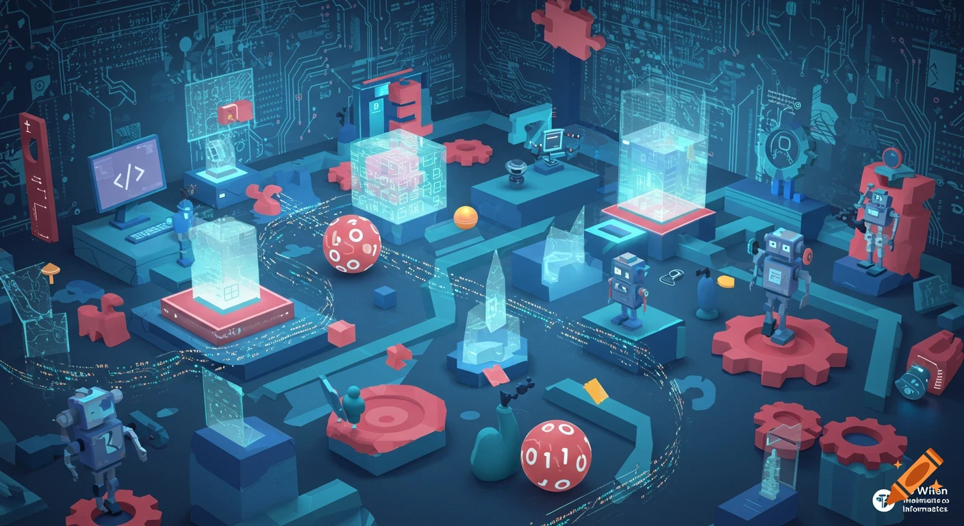 An abstract, colorful geometric pattern composed of interlocking cubes ...