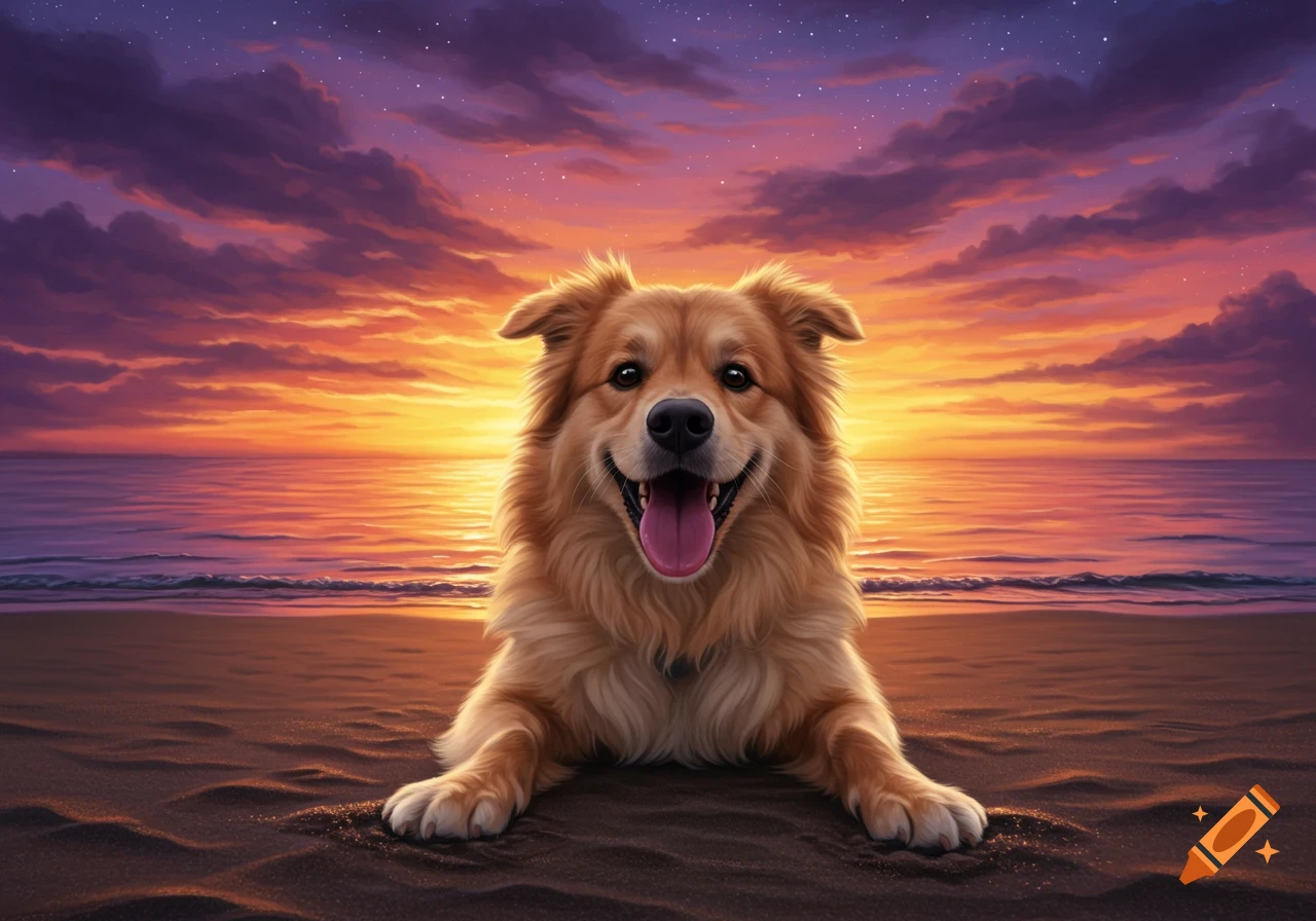 Two anthropomorphic Labrador dogs in a tropical hot tub at sunset, one ...