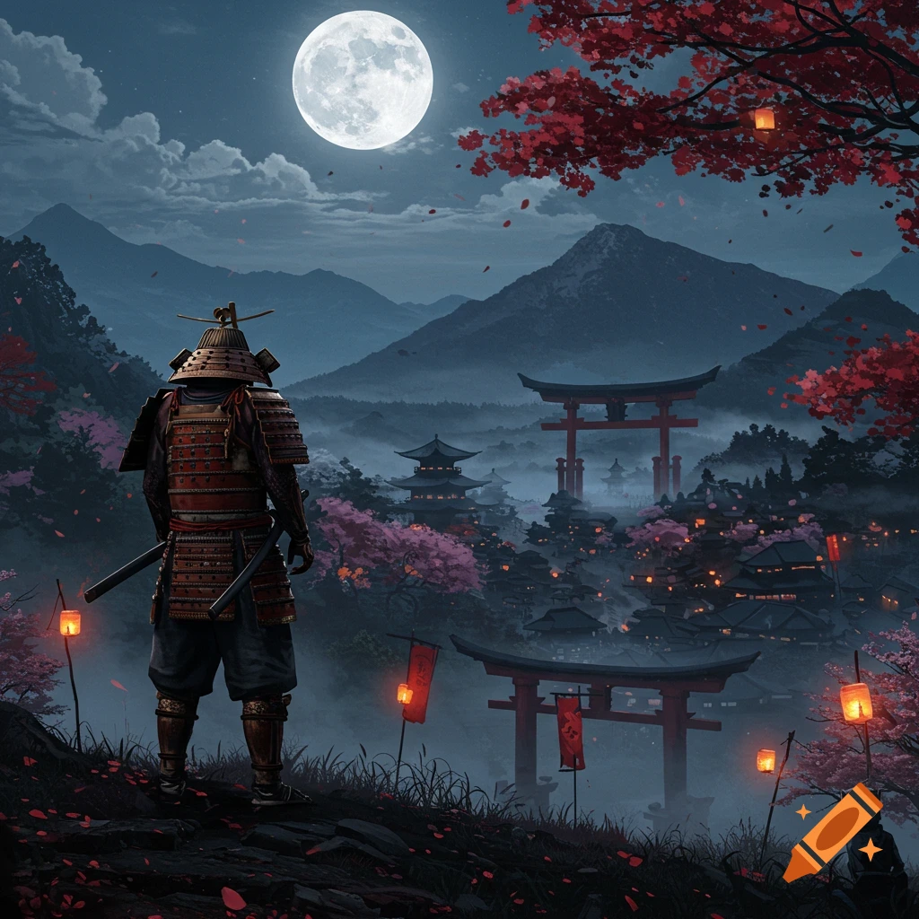 A man in traditional Japanese attire stands in a serene garden with ...