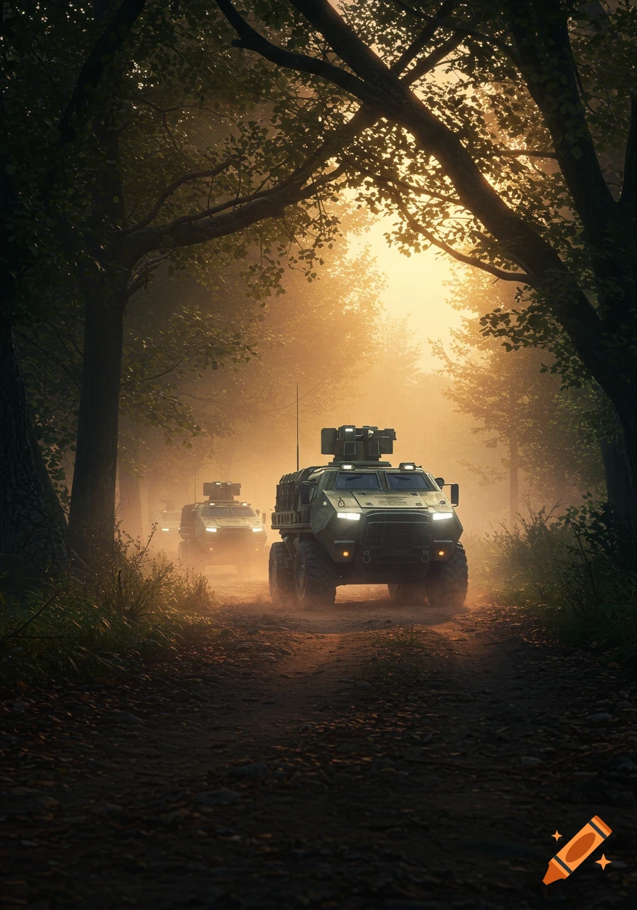 A military convoy, consisting of armored vehicles, drives along a dirt ...