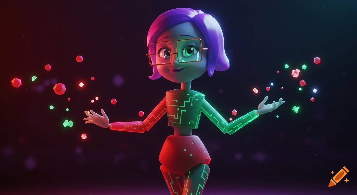 A 2D cartoon of Jenny Wakeman XJ9, a teal robot in a teal dress ...