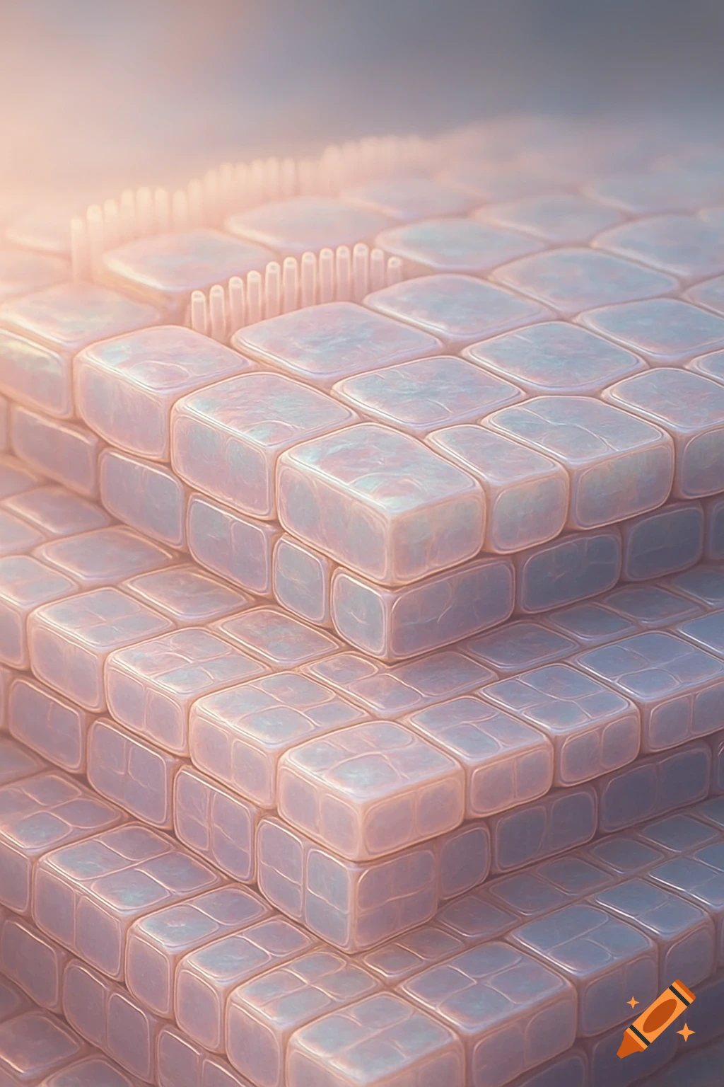 Abstract microscopic view of pinkish-blue translucent, rounded cellular ...