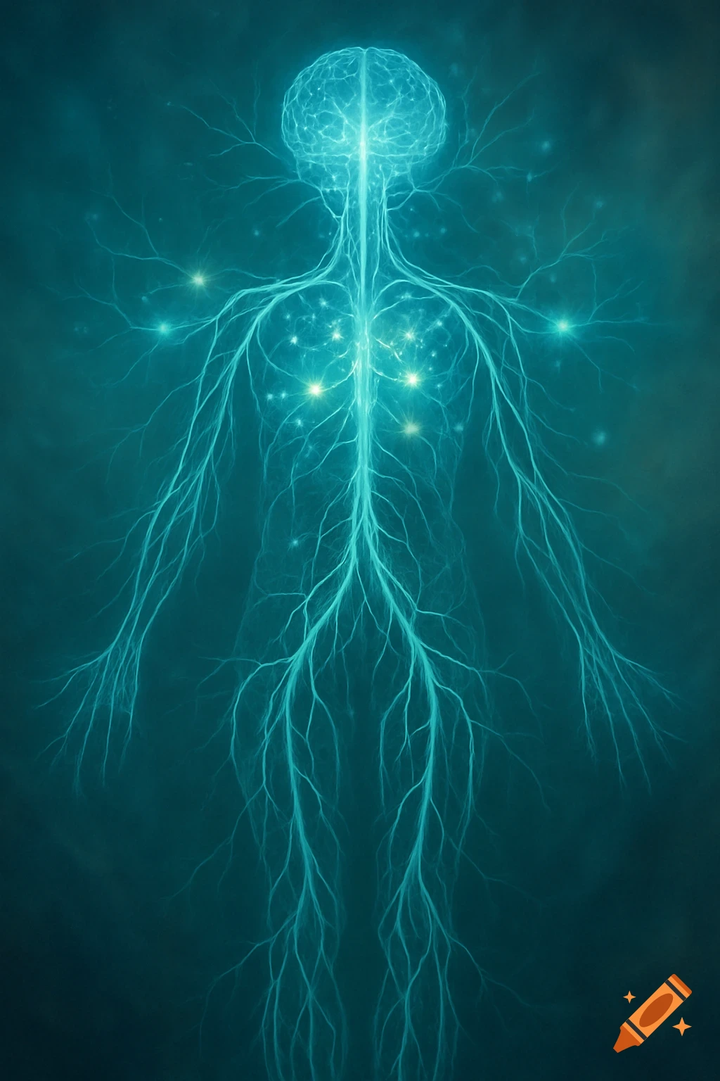 Stylized glowing blue and cyan human nervous system with brain, spinal ...