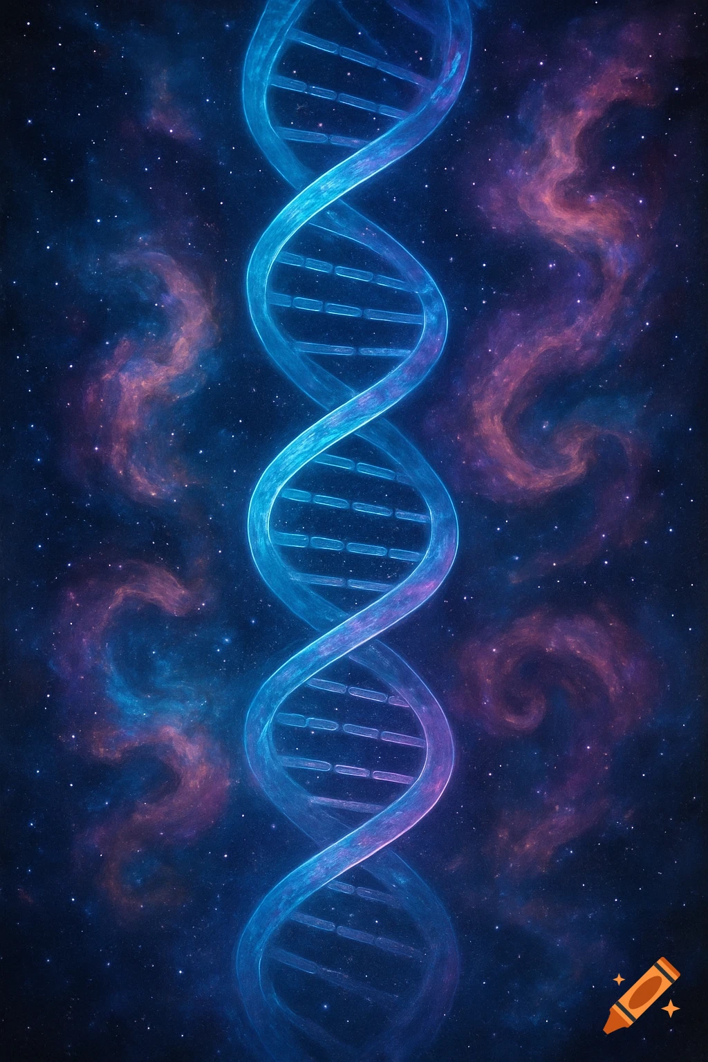 A glowing blue and purple DNA helix against a dark cosmic background ...