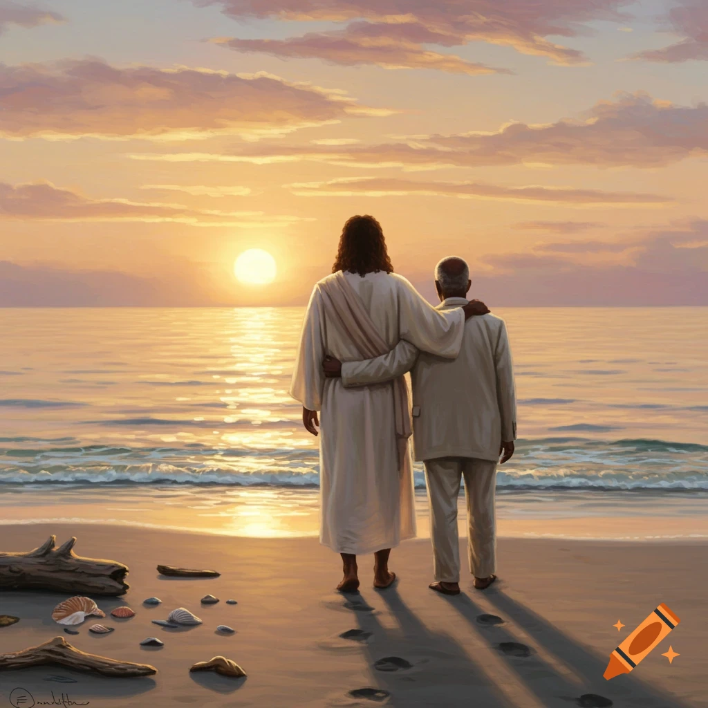 Digital painting of Jesus with his arm around an older man, walking ...