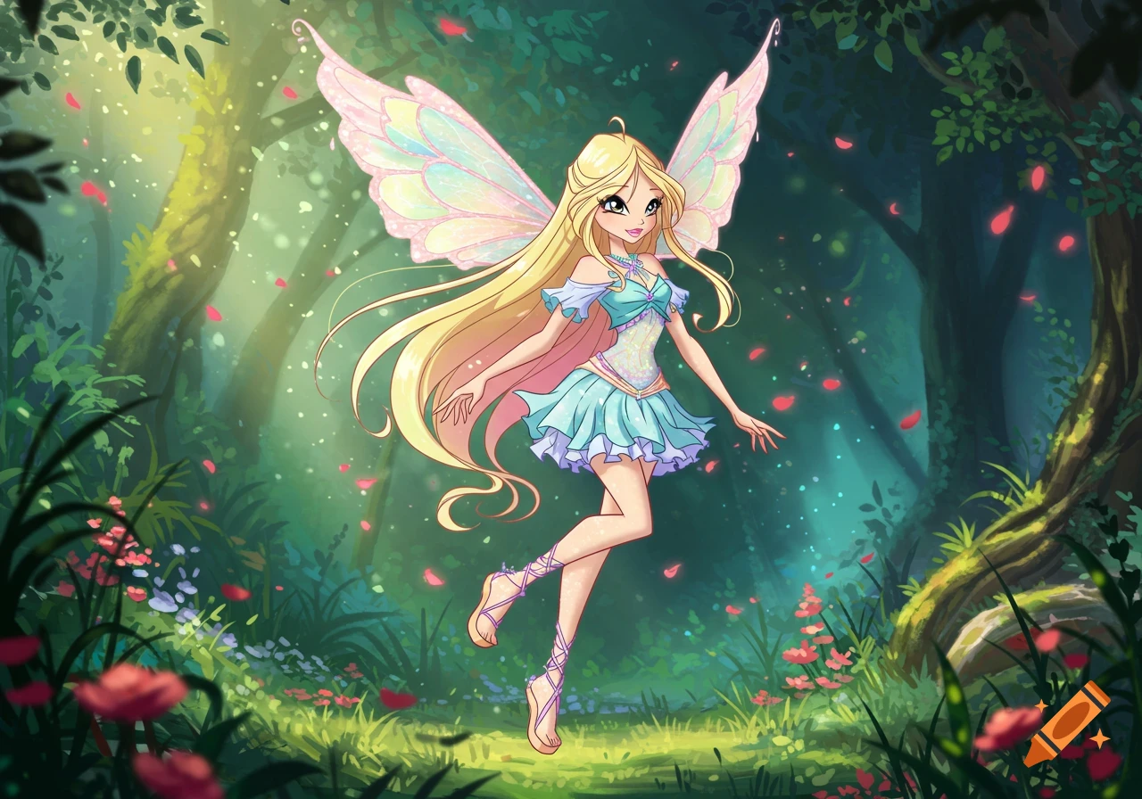 Seven diverse, colorful anime-style fairies pose in an enchanted forest ...