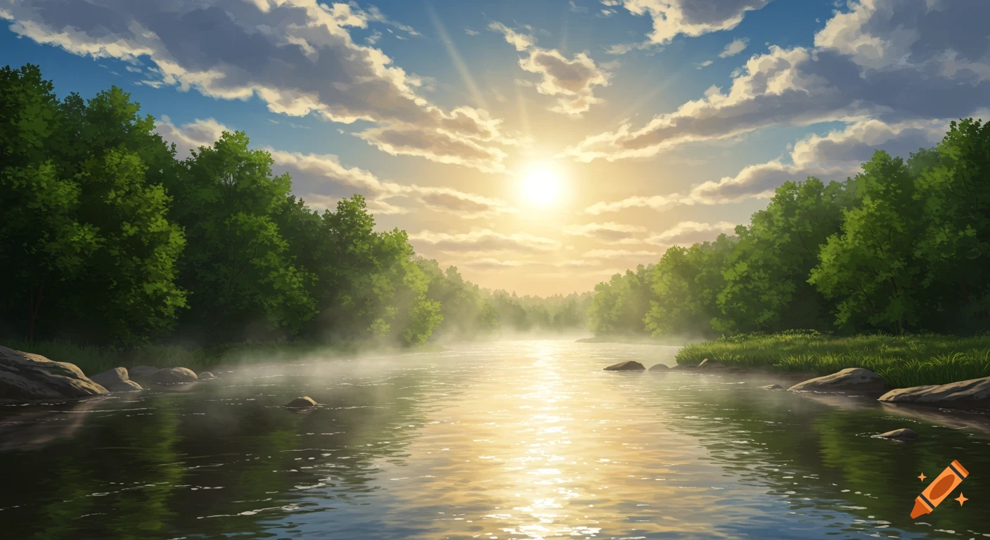 A serene anime-style landscape of a wide river with mist, surrounded by ...