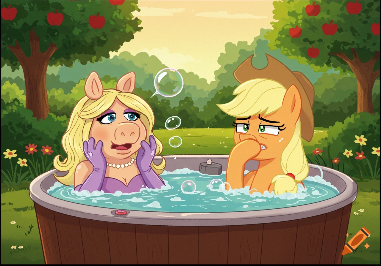 Cartoon of Miss Piggy and Applejack in a hot tub. Miss Piggy looks ...