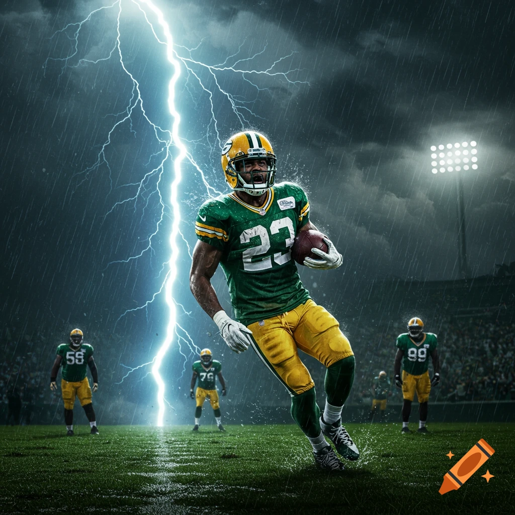 A man in a Green Bay Packers uniform and cheesehead hat rides a roaring ...