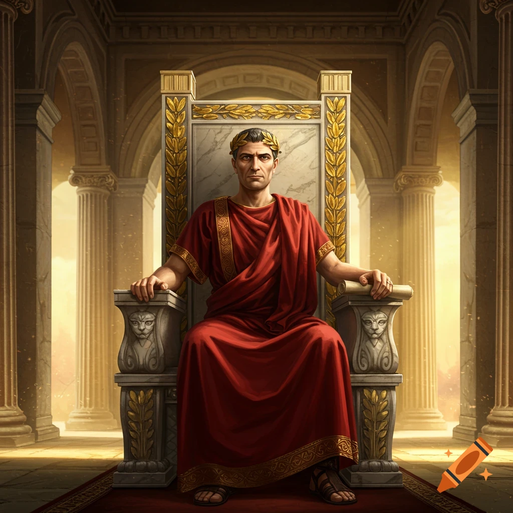 A regal man in a purple toga sits on a golden throne, bathed in light ...